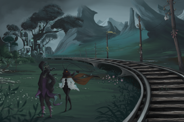 Cartton Walking On Train Tracks Together